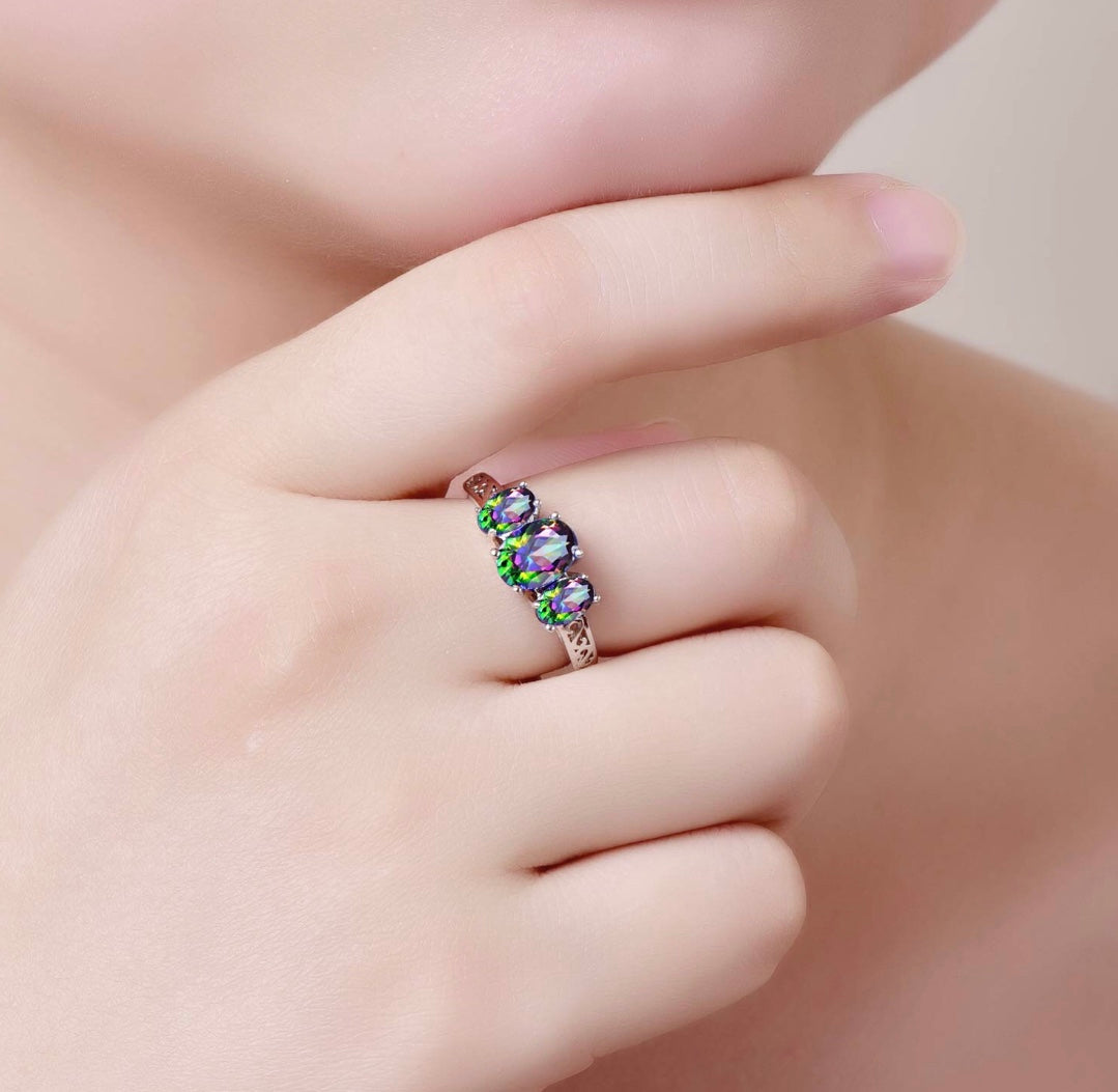 Tri Stone Created Oval Mystic Topaz Gemstone Ring – Gem Jewelers NYC
